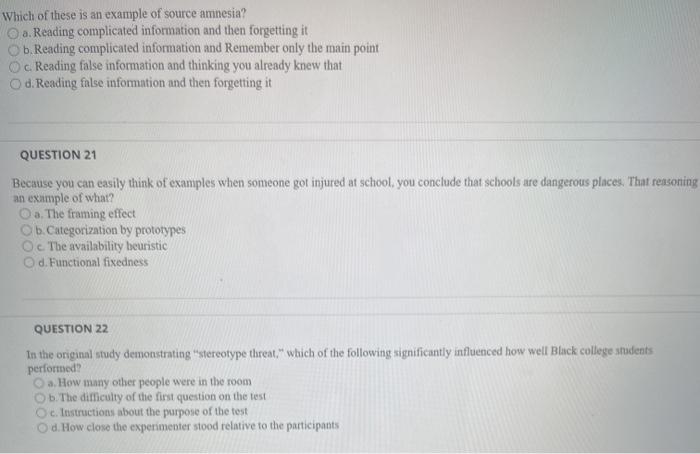 Solved Which of these is an example of source amnesia? a. | Chegg.com