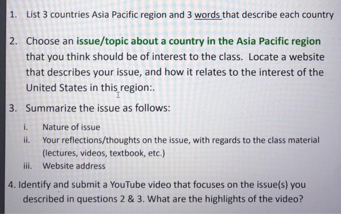 Solved 1. List 3 countries Asia Pacific region and 3 words | Chegg.com