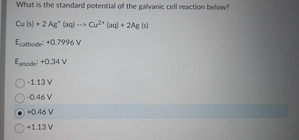 Solved What is the standard potential of the galvanic cell | Chegg.com