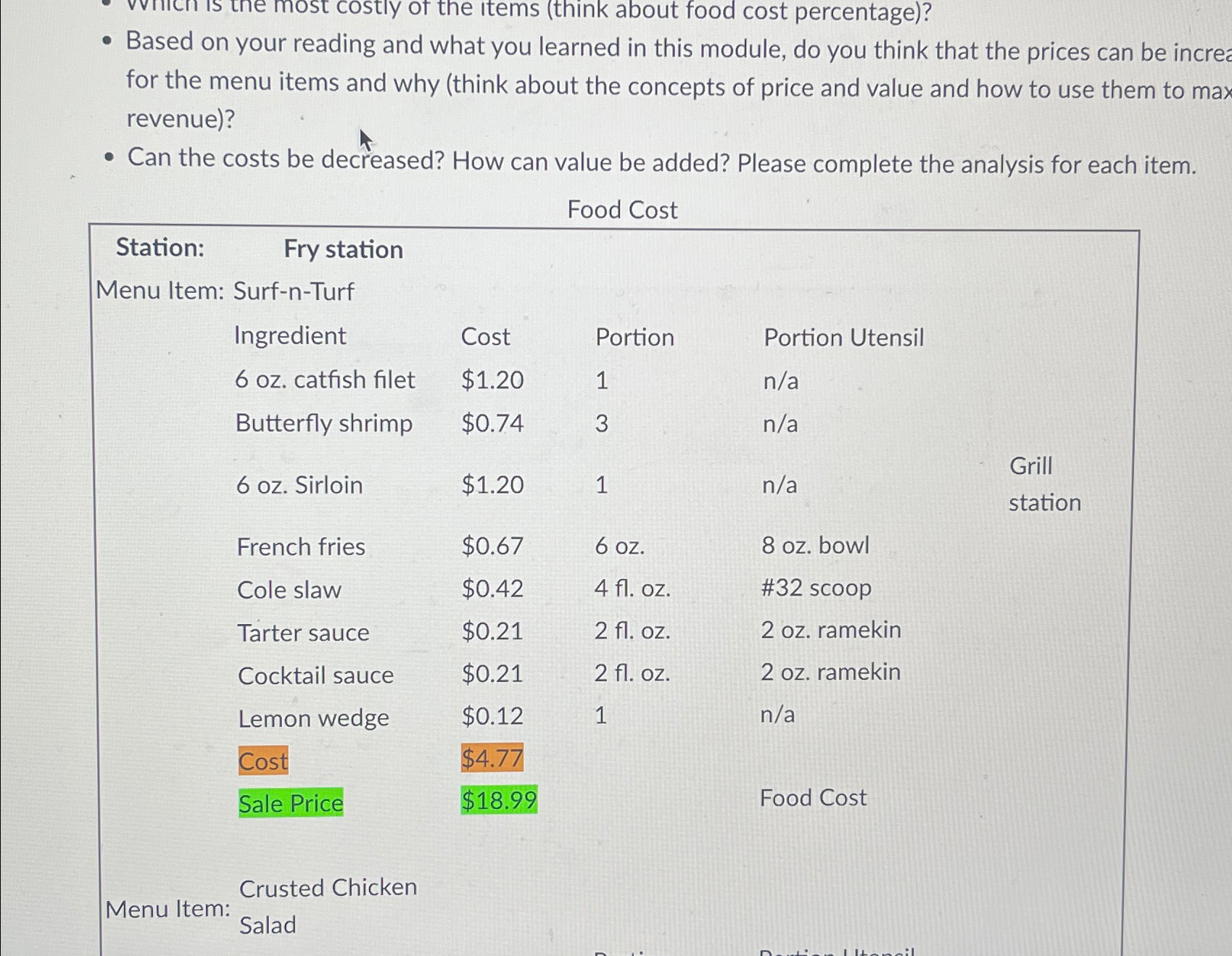 Solved costly of the items (think about food cost | Chegg.com