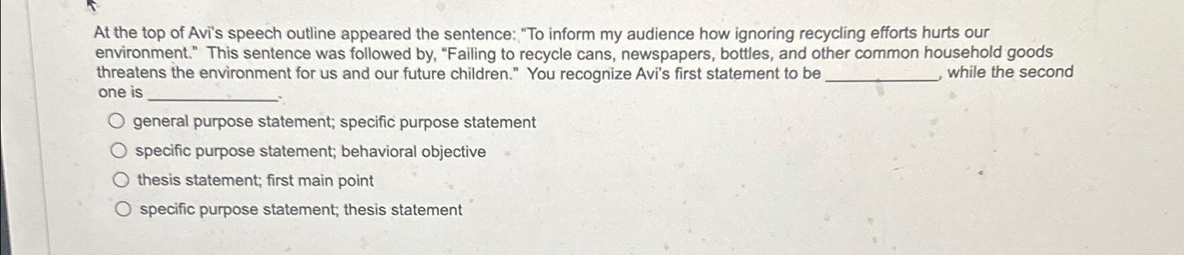 Solved At the top of Avi's speech outline appeared the | Chegg.com