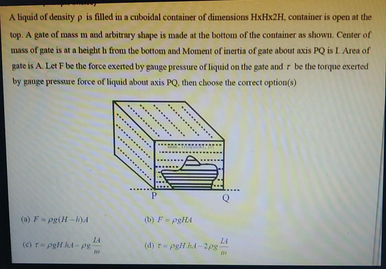 Solved A liquid of density ρ is filled in a cuboidal | Chegg.com