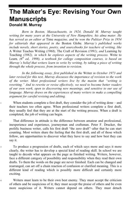 Solved THINGS TO NOTE: 1. READ “THE MAKER'S EYE” BY DONALD | Chegg.com