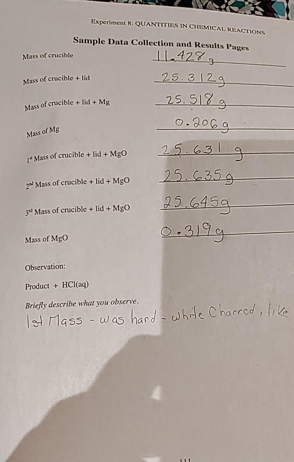 Solved Experiment : QUANTITIES IN CHEMICAL REACTIONS 2 Mg 0 | Chegg.com