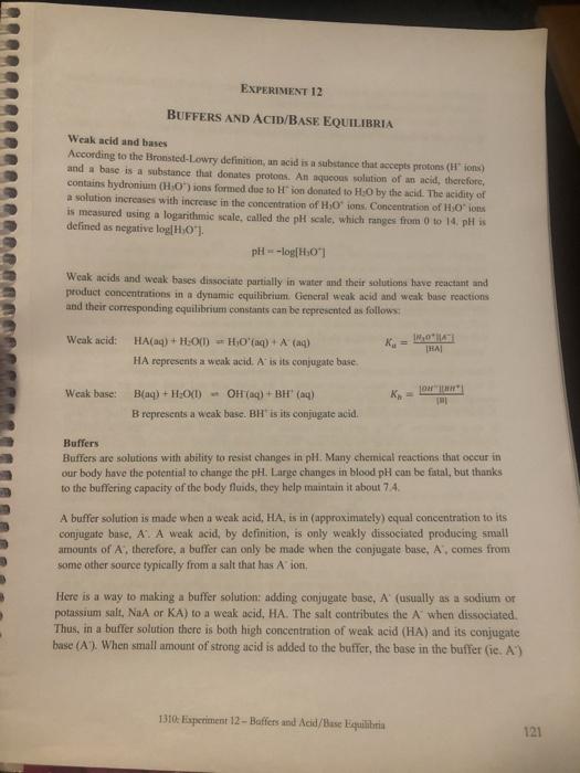 Solved EXPERIMENT 12 BUFFERS AND ACID/BASE EQUILIBRIA Weak | Chegg.com
