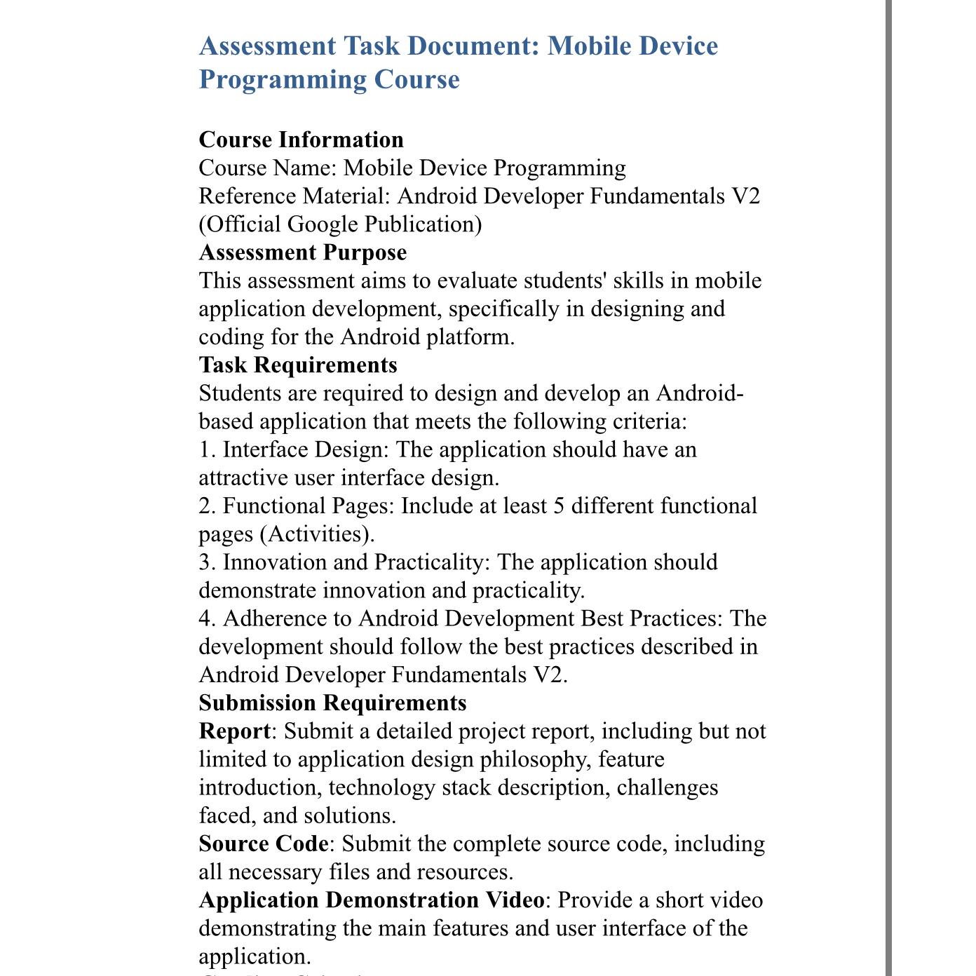 Solved Assessment Task Document: Mobile Device Programming | Chegg.com