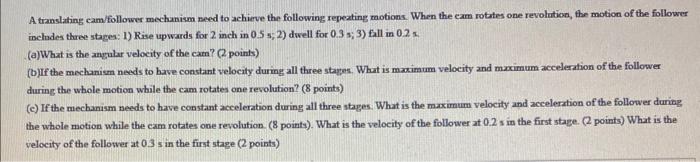 Solved A translating cam/follower mechanism need to achieve | Chegg.com