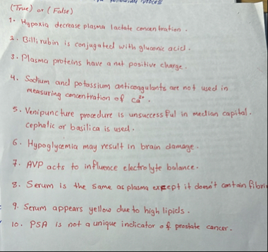 Solved (True) ﻿or (False)Hypoxia decrease plasma lactale | Chegg.com