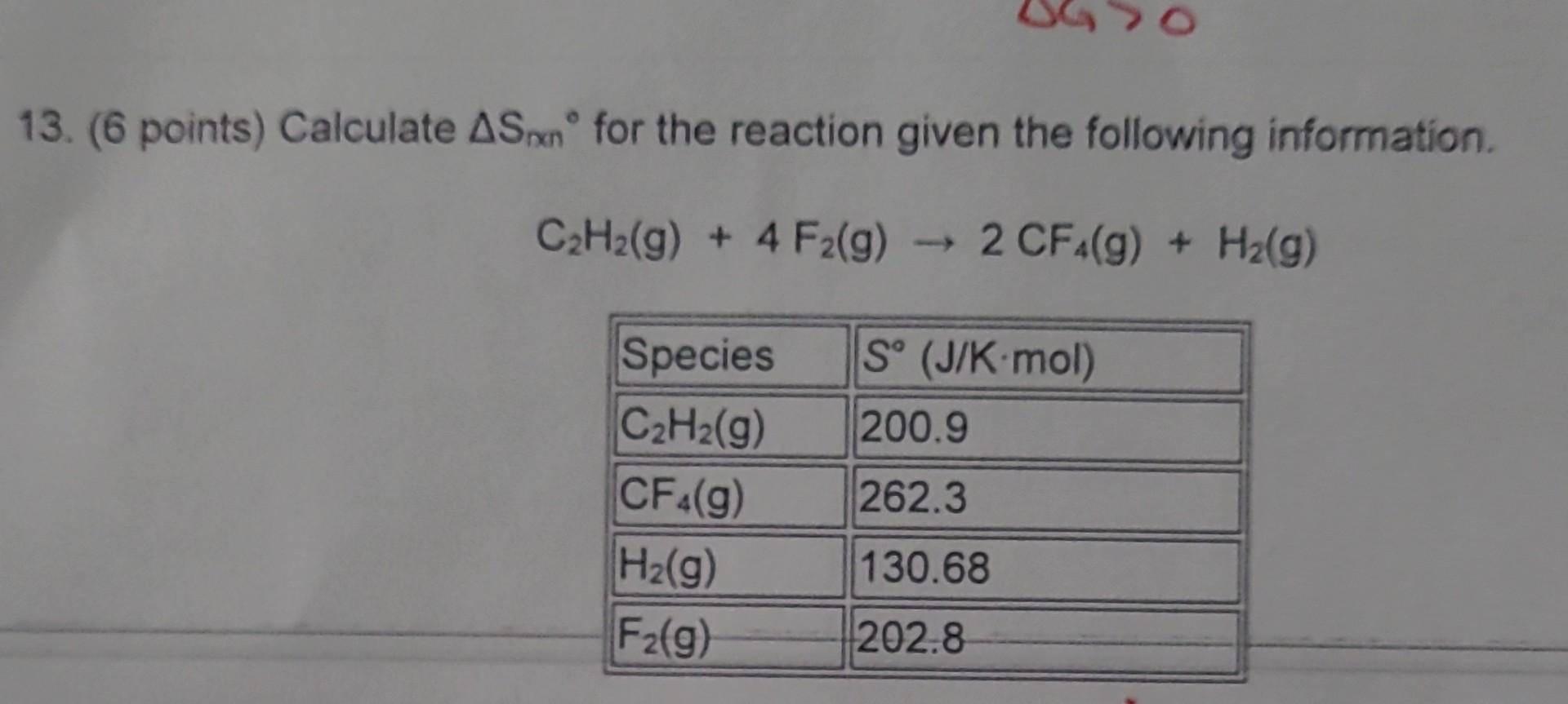 Solved 13. (6 points) Calculate ΔSx×n∘ for the reaction | Chegg.com