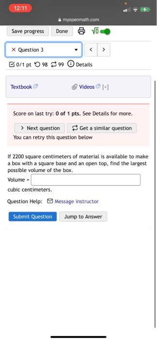 Solved 12:11 myopenmath.com Done 6 Vo Save progress > x | Chegg.com