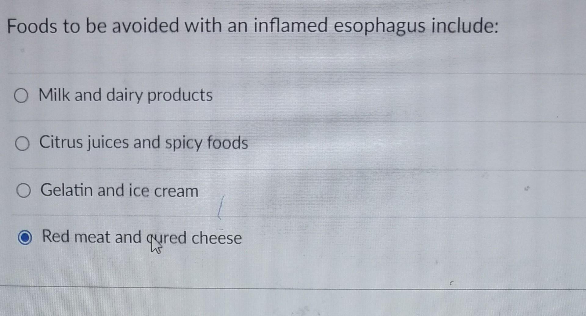 Solved Foods to be avoided with an inflamed esophagus | Chegg.com