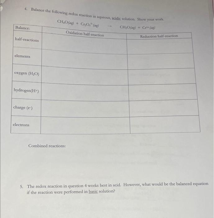 Solved 4. Balance the following redox reaction it aqueous, | Chegg.com