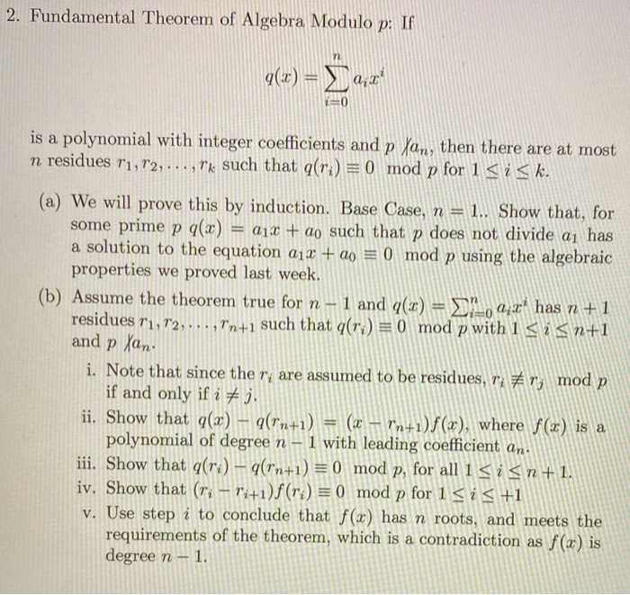 Solved 2. Fundamental Theorem of Algebra Modulo p: If n 9(x) | Chegg.com