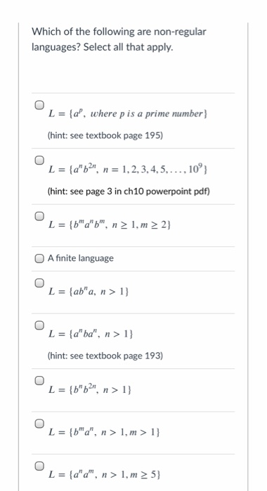 Solved Which of the following are non-regular languages? | Chegg.com
