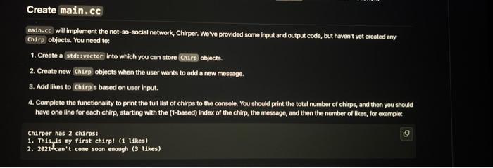 Solved Create main.cc nain.cc will implement the | Chegg.com