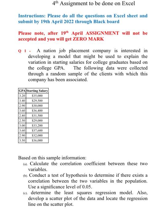 Solved 4th Assignment to be done on Excel Instructions: | Chegg.com