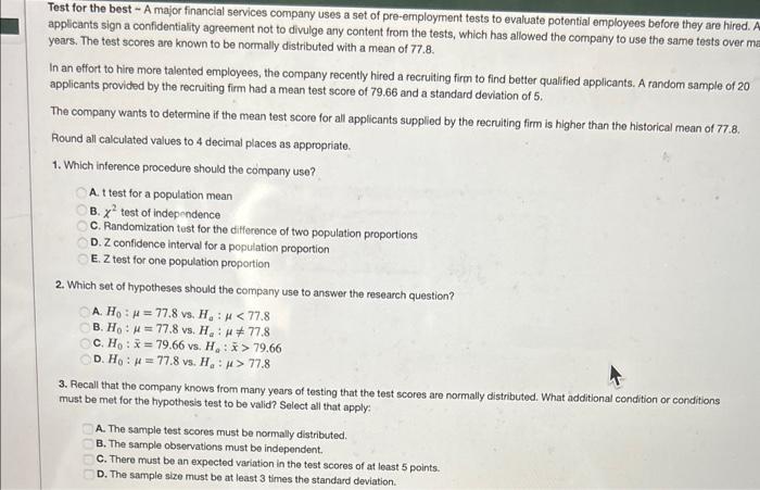Solved company uses a set of pre-employment tests to | Chegg.com