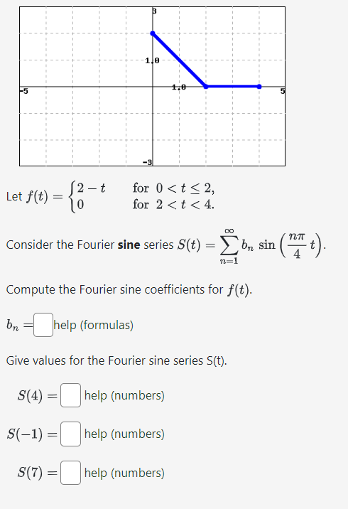 Solved Let S(t)=∑n=1∞bnsin(nπ4t)f(t)bn=S(t)S(4)=,S(-1)=S(7)= | Chegg.com Solved Let S(t)=∑n=1∞bnsin(nπ4t)f(t)bn=S(t)S(4)=,S(-1)=S(7)= | Chegg.com