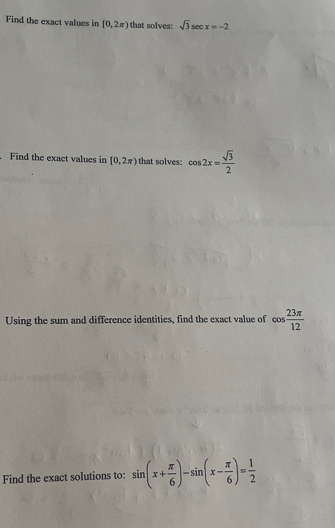 Solved Find the exact values in [0,2π) ﻿that solves: | Chegg.com