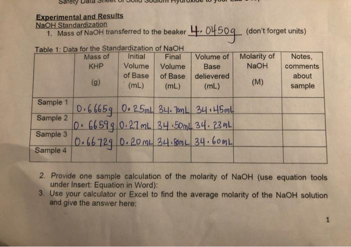 Solved Experimental and Results NaOH Standardization 1. Mass | Chegg.com