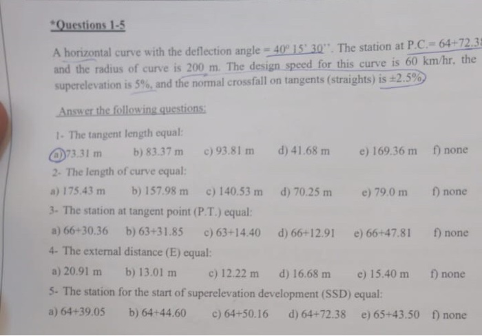 Solved *Questions 1-5 A horizontal curve with the deflection | Chegg.com