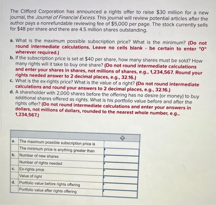 Solved The Clifford Corporation has announced a rights offer | Chegg.com