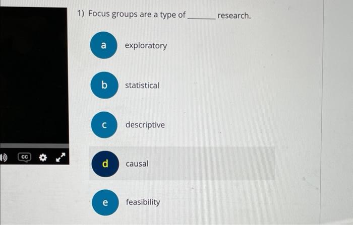 Solved 1) Focus groups are a type of research. exploratory | Chegg.com