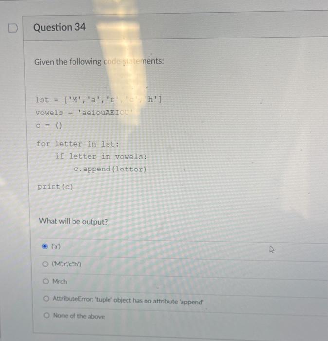 Solved Given the following codestatements: lst =[M′,′′,′′ ', | Chegg.com