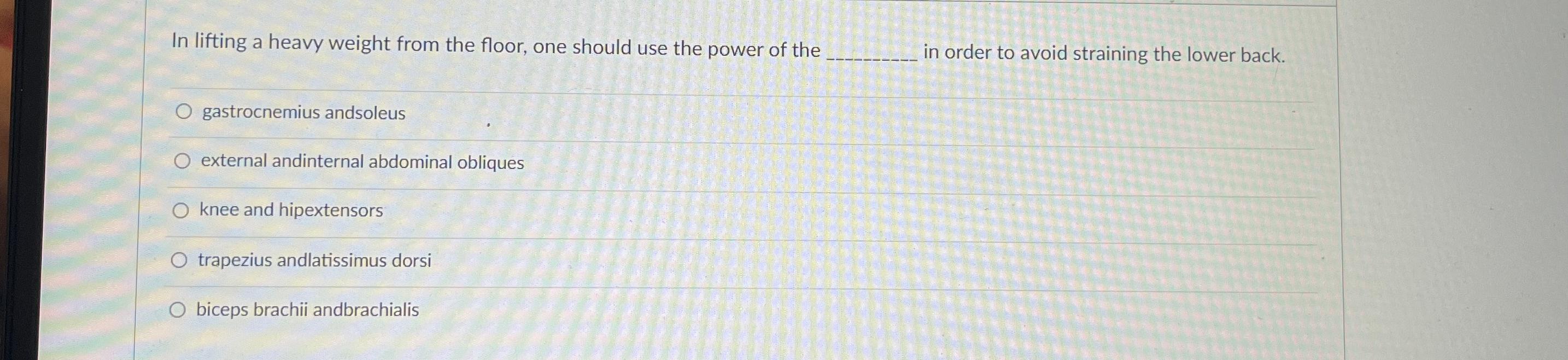 Solved In lifting a heavy weight from the floor, one should | Chegg.com