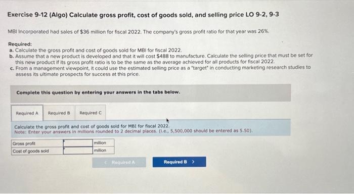 Solved Exercise 9-12 (Algo) Calculate gross profit, cost of | Chegg.com