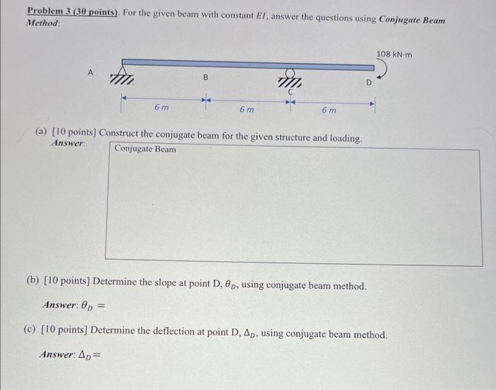 Solved Problem 3 (30 points). For the given beam with | Chegg.com