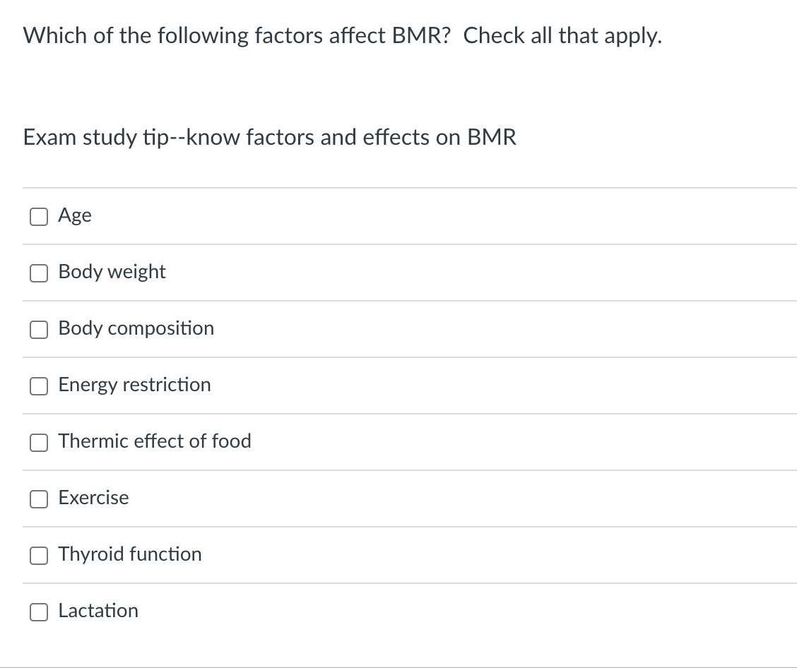 Solved Which of the following factors affect BMR? ﻿Check all | Chegg.com