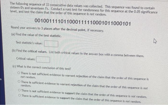 Solved The following sequence of 33 consecutive data values | Chegg.com