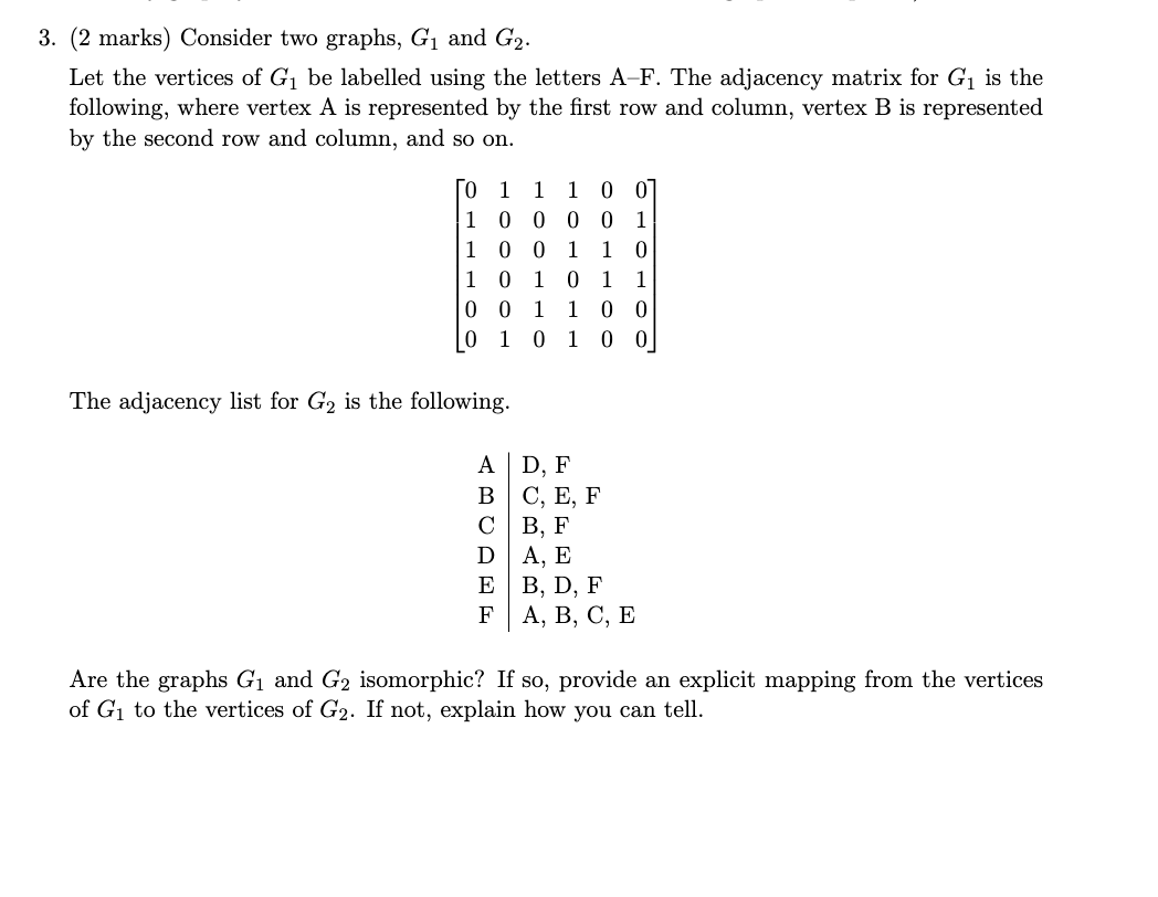 Solved (2 ﻿marks) ﻿Consider two graphs, G1 ﻿and G2.Let the | Chegg.com