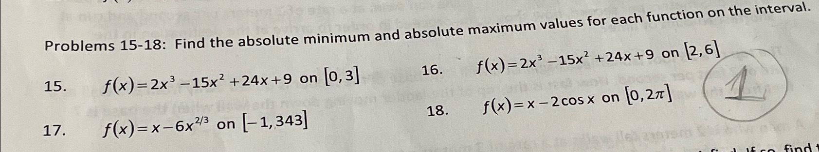 Solved Problems 15-18: Find the absolute minimum and | Chegg.com