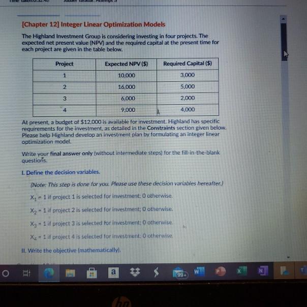 Solved [Chapter 12] Integer Linear Optimization Models The | Chegg.com