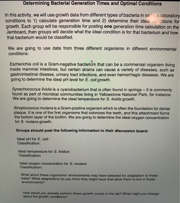 Solved Determining Bacterial Generation Times and Optimal | Chegg.com