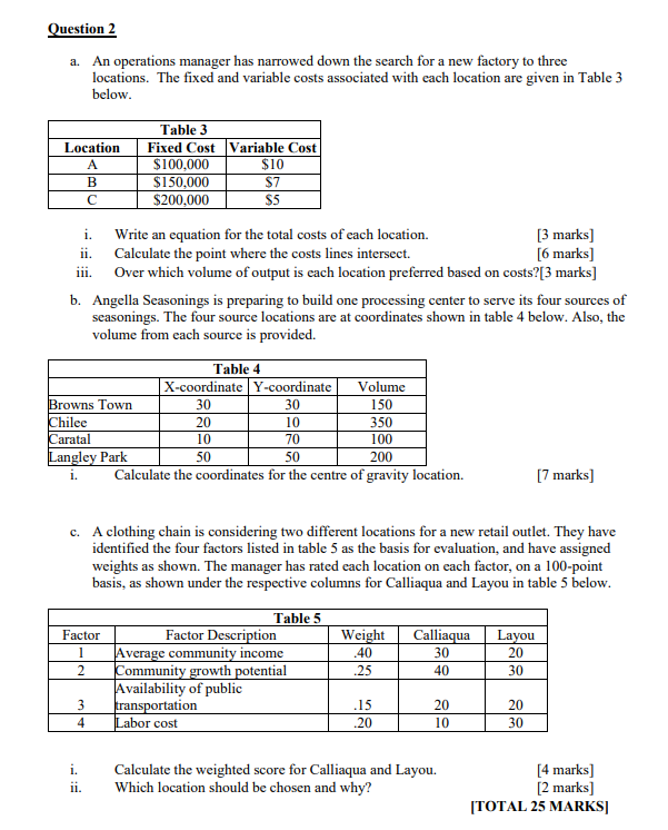 Solved Question 2a. ﻿An operations manager has narrowed down | Chegg.com