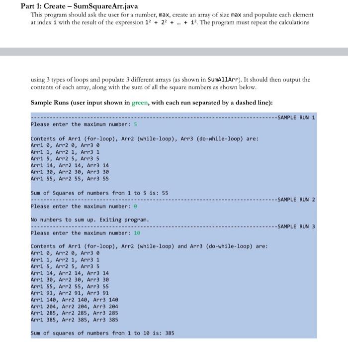 Solved Part 1: Create - SumSquare Arr.java This program | Chegg.com