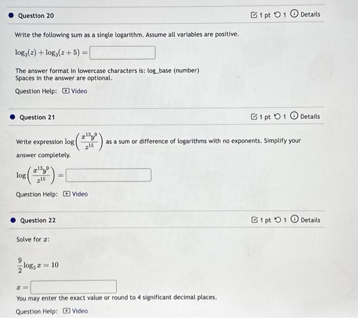 Solved Write the following sum as a single logarithm. Assume | Chegg.com
