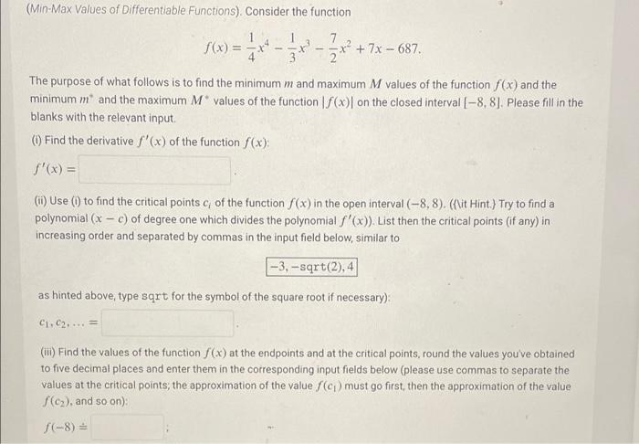 Solved (Min Max Values of Differentiable Functions). | Chegg.com