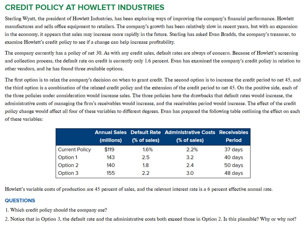 Solved CREDIT POLICY AT HOWLETT INDUSTRIESSterling Wyatt, | Chegg.com