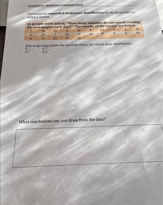 Solved Construct an expanded frequency distribution for the | Chegg.com