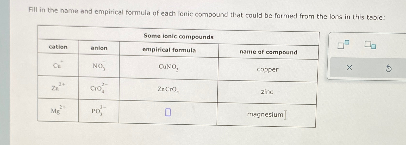 Solved Fill in the name and empirical formula of each ionic | Chegg.com