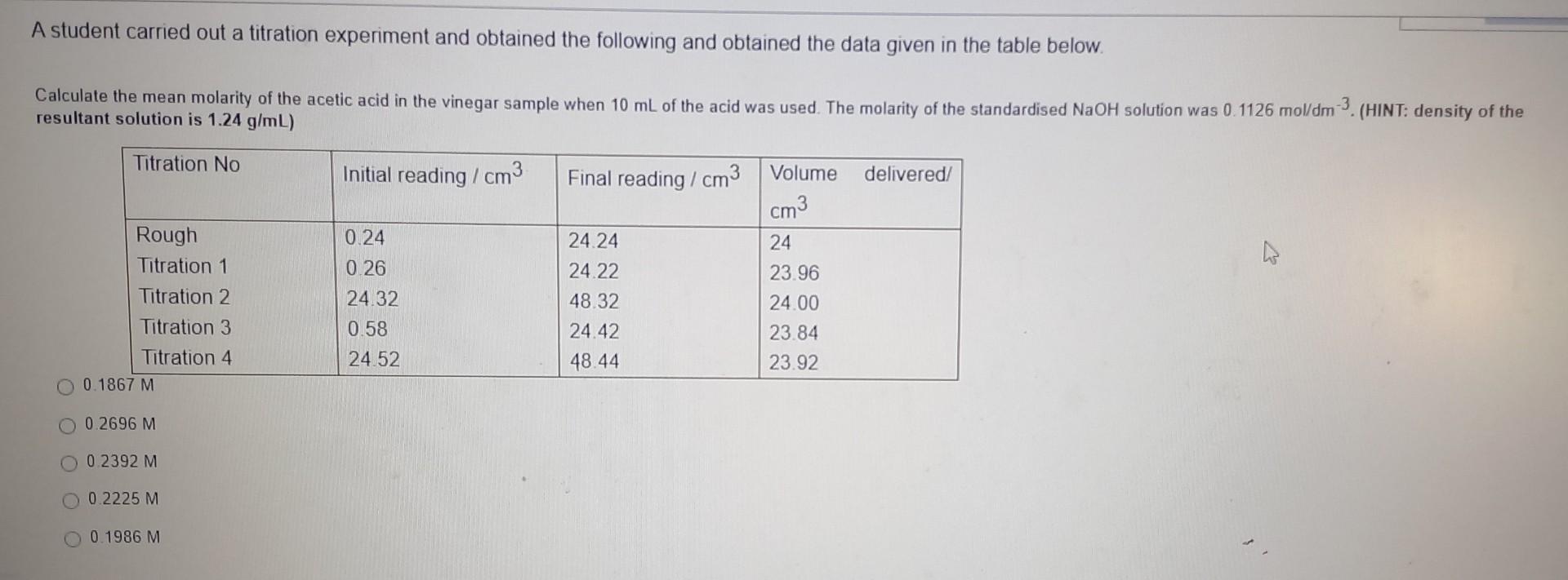 Solved A student carried out a titration experiment and | Chegg.com