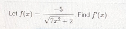 Solved Let f(x)=-57x2+22. ﻿Find f'(x) | Chegg.com