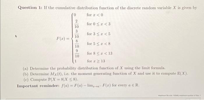 Question 1: If the cumulative distribution function | Chegg.com