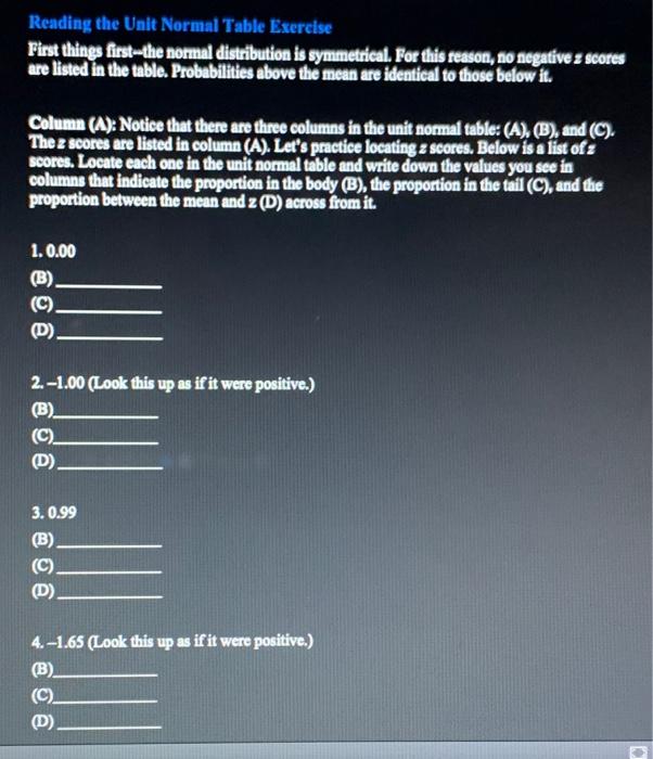 Solved Reading the Unit Normal Table Exercise First things | Chegg.com