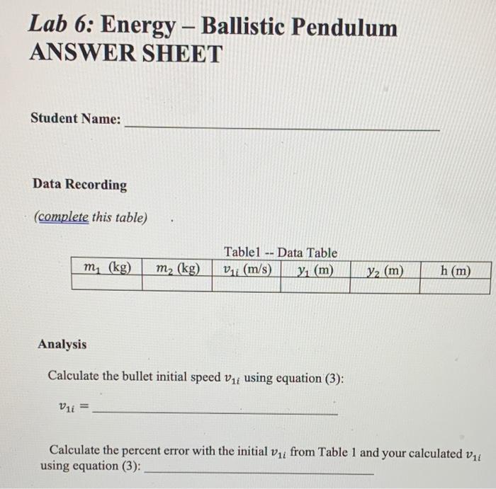 Lab 6: Energy - Ballistic Pendulum INSTRUCTIONS | Chegg.com