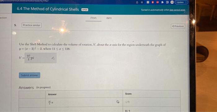 Use the Shell Method to calculate the volume of | Chegg.com